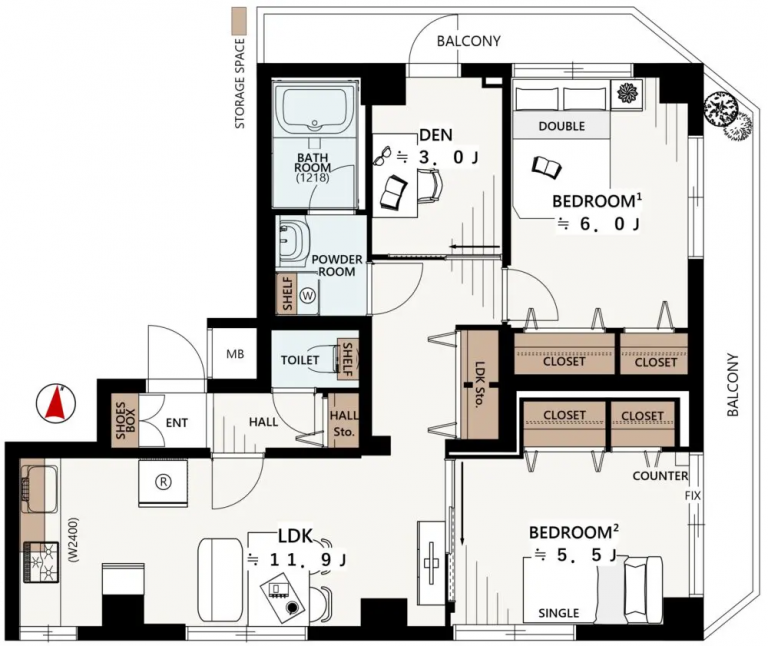 メゾン白金 北・東・南の3方向角部屋、通風良好の2SLDK 東京の高級中古マンション／リノベーションマンションの【mitaina（ミタイナ）】